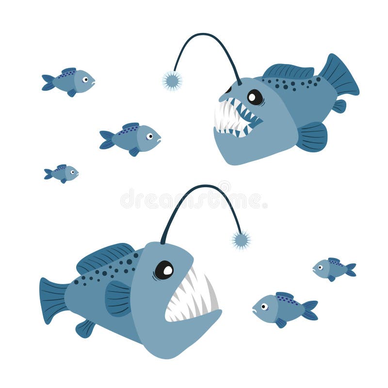 Cartoon Angler Fish Set. Vector Illustration of Anglerfish Characters ...