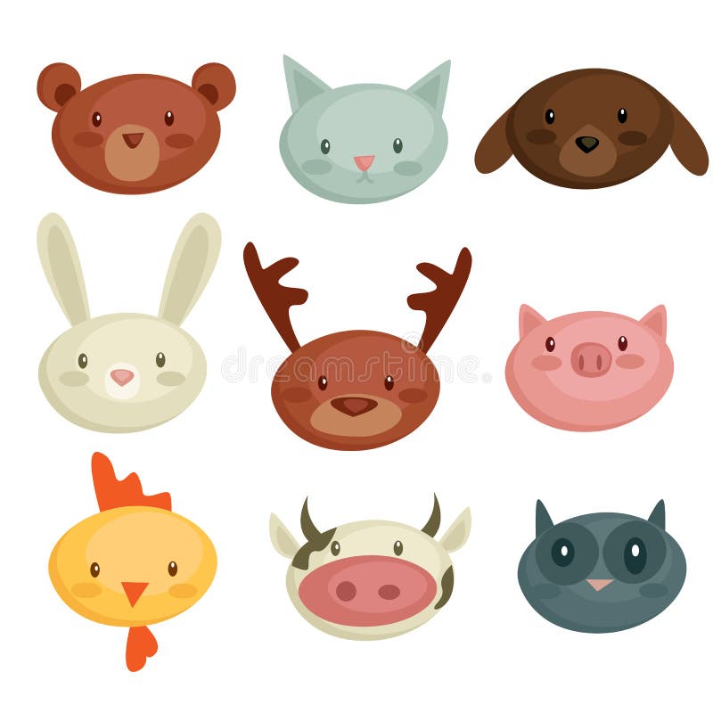 Cartoon Animal Head Collection Set Stock Vector - Illustration of ...