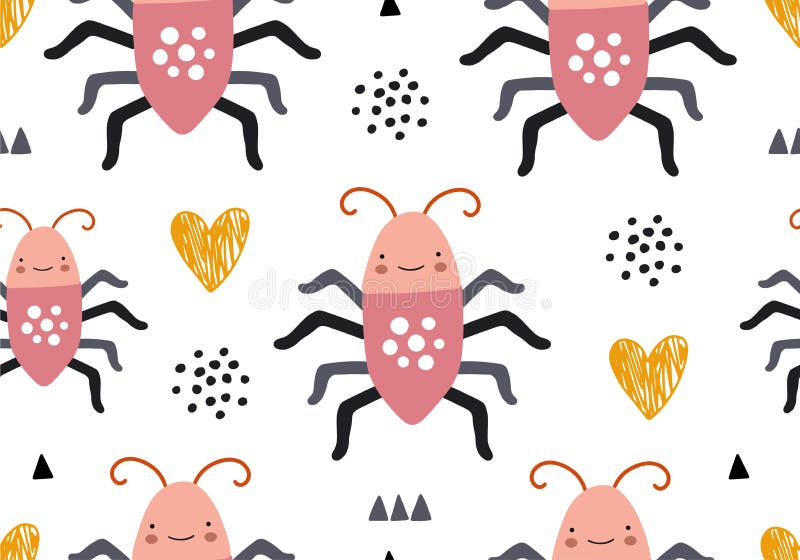 Cartoon Animal Pattern with Insects, Bug or Beetle Background Stock ...