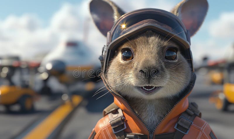 Cartoon Animal Pilot in Flight Jacket and Glasses Standing on Runway ...