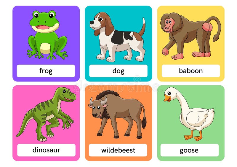Cartoon Animals Flashcards stock illustration. Illustration of diagram ...