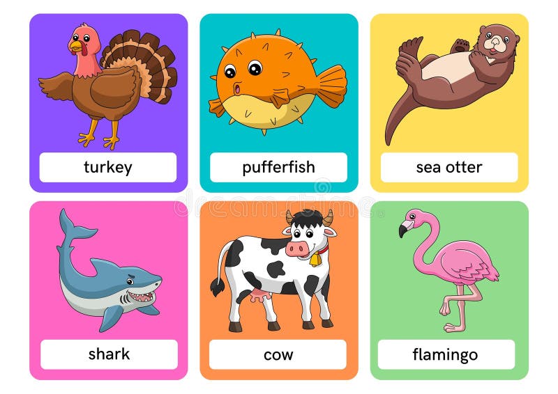 Cartoon Animals Flashcards - 3 Stock Illustration - Illustration of ...