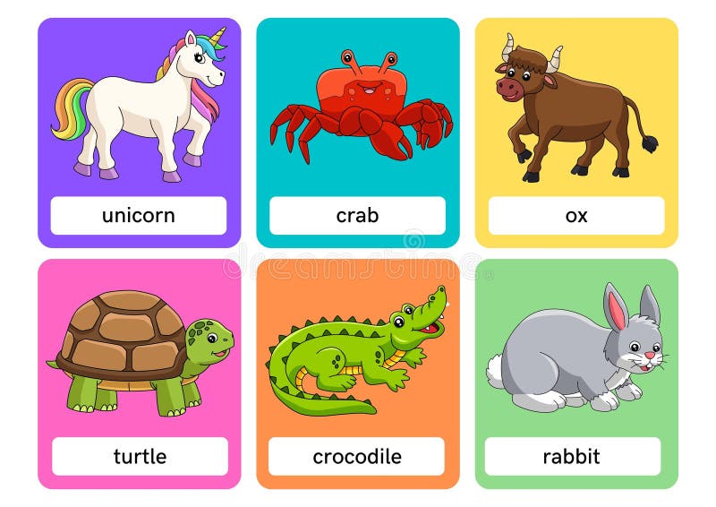 Cartoon Animals Flashcards stock illustration. Illustration of person ...