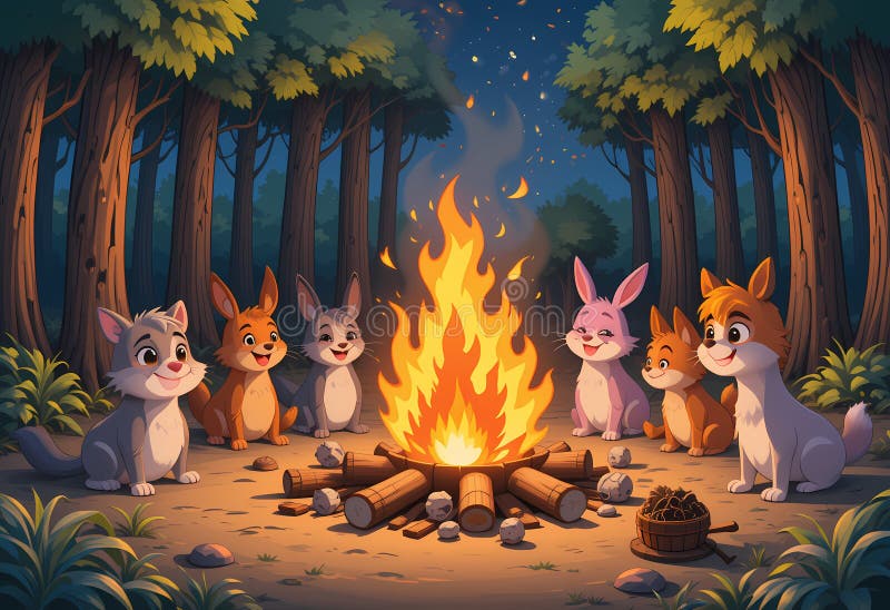 Cartoon Animals Gathered Around a Campfire at Night Stock Illustration ...