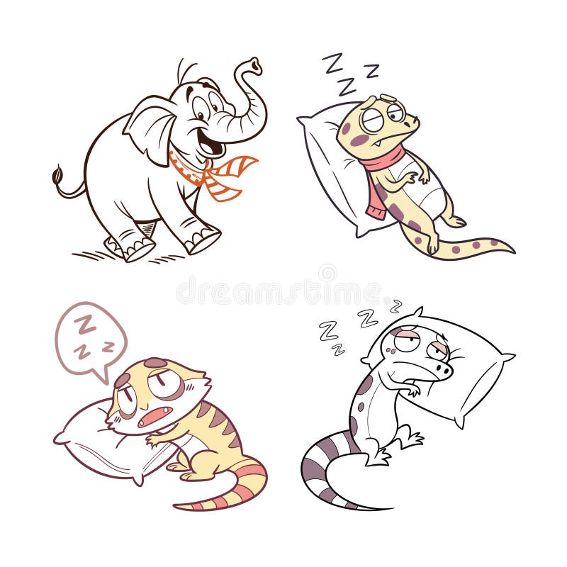 Cartoon Animals Sleeping: Elephant and Sleepy Lizards Stock Vector ...