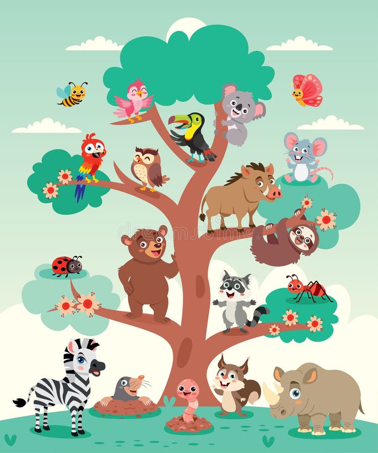 Cartoon Animals on a Tree stock illustration. Illustration of zebra ...