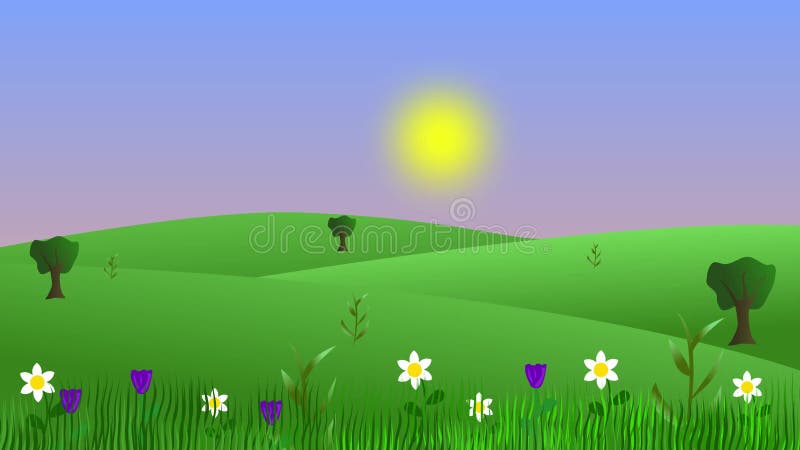 Spring Nature Landscape Background with Mountains, Floral, Flying Birds ...