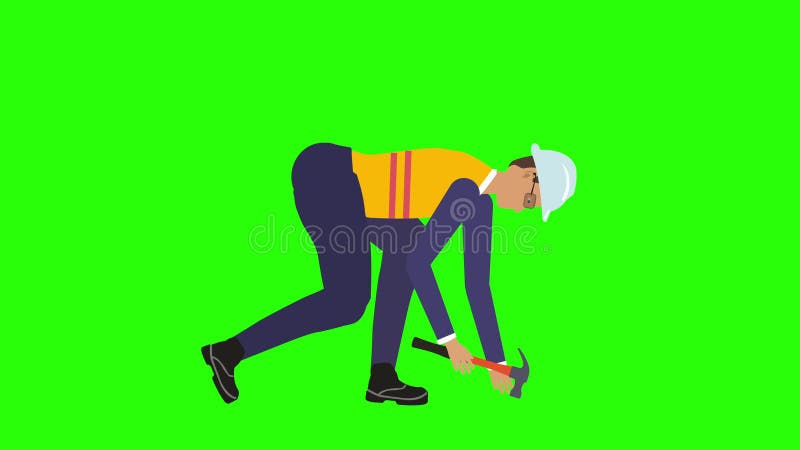 Cartoon Animation of Builder Man Character Working with Hammer on Green ...