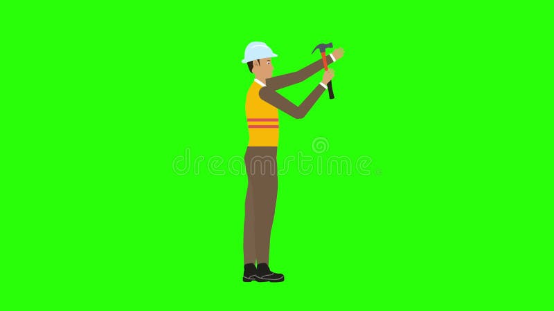 Cartoon Animation of Builder Man Character Working with Hammer on Green ...