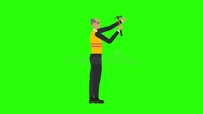 Cartoon Animation of Builder Man Character Working with Hammer on Green ...
