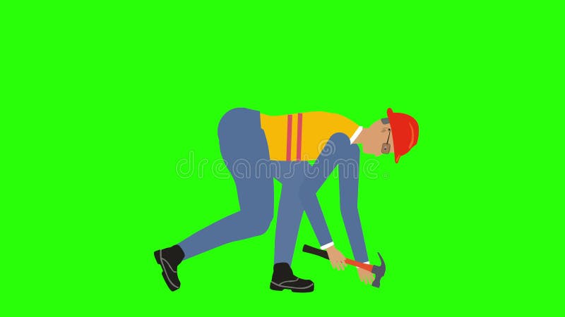 Cartoon Animation of Builder Man Character Working with Hammer on Green ...