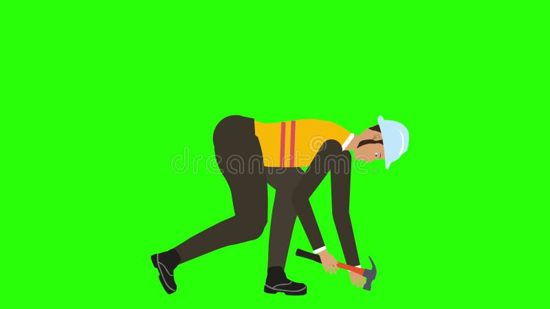 Cartoon Animation of Builder Man Character Working with Hammer on Green ...