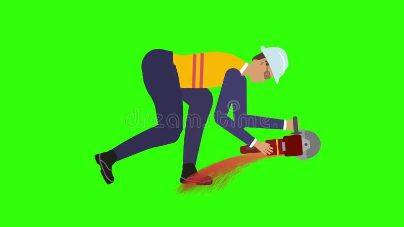 Cartoon Animation of Builder Worker Men Cutting Steel with Flex ...