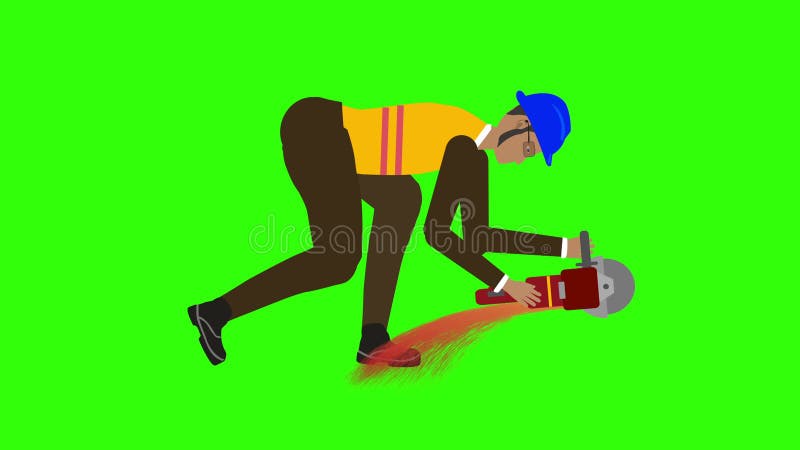 Cartoon Animation of Builder Worker Men Cutting Steel with Flex ...