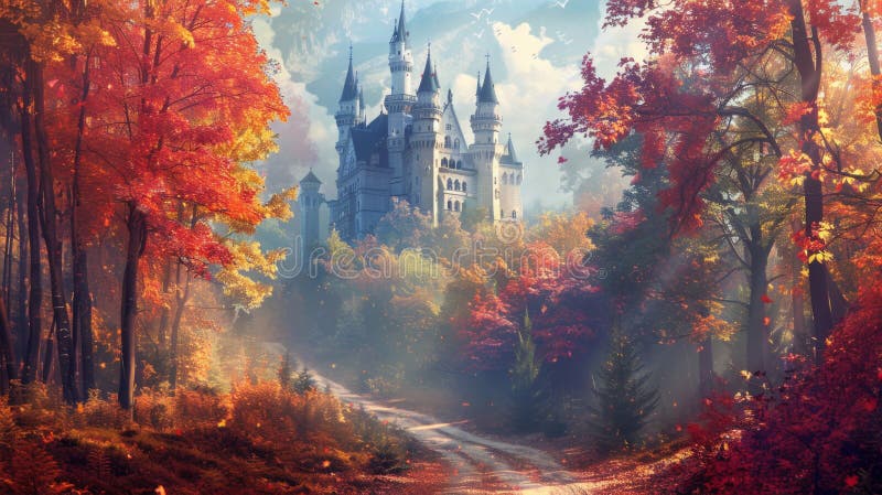 Cartoon Anime Style Castle in Enchanted Forest Setting, Vibrant and ...