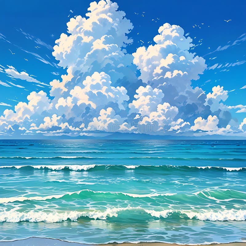Cartoon Anime Style Sea or Ocean with Clouds Background Stock ...