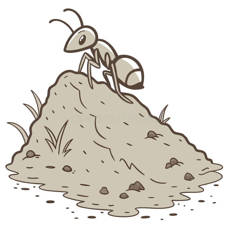 Cartoon Ant on Anthill â€ Vector Insect Illustration on Mound of Dirt ...