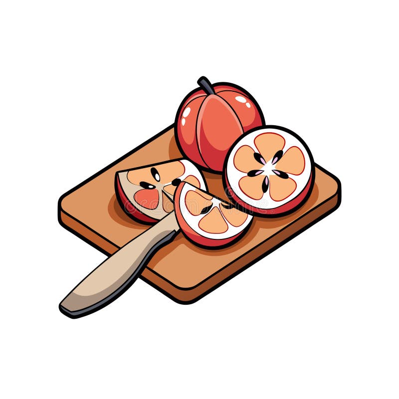 Cartoon Sliced Apple on Cutting Board with Knife Stock Illustration ...