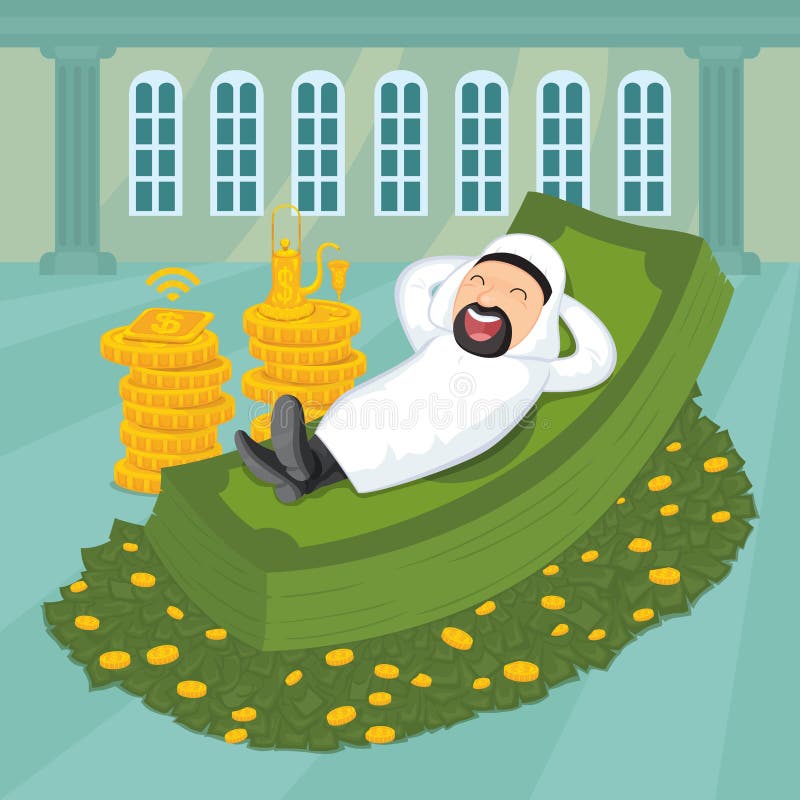 Cartoon a Arab Man Laughing and Lying on Pile of Money Stock Vector ...