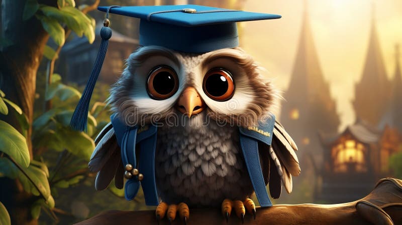 Cartoon Art Style Image of a Wise Owl Perched on a Tree Branch, Wearing ...