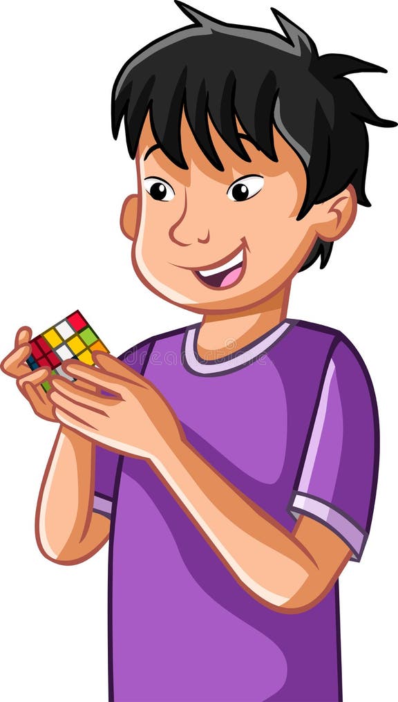 Cartoon Asian Boy Playing with Rubik`s Cube. Stock Vector ...