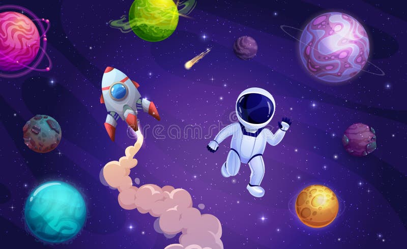 Cartoon Astronaut on Rocket in Starry Galaxy Stock Vector ...
