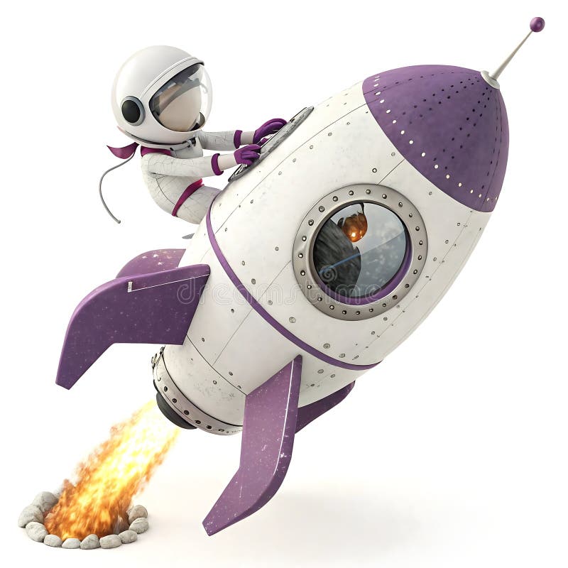 Cartoon Astronaut Riding Purple and White Rocket Ship Blasting Off ...