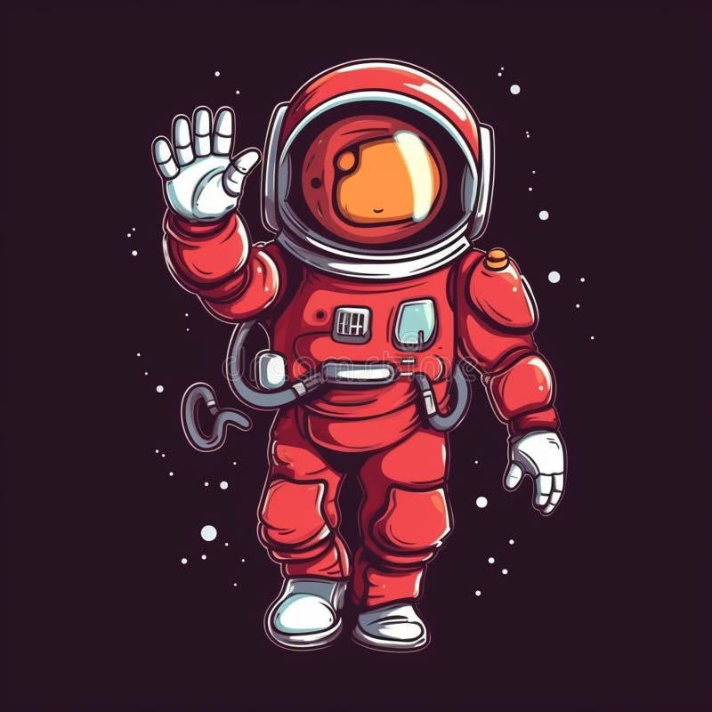 Cartoon Astronaut Waves in a Vibrant Red Space Suit Against a Dark ...