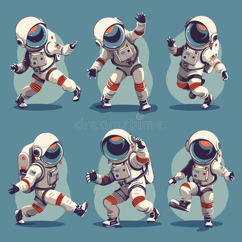 Cartoon Astronauts In Dancing Poses Spaceman Retro Character Cosmonaut