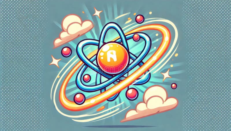 Cartoon Atom Illustration with Glowing Nucleus and Orbiting Electrons ...