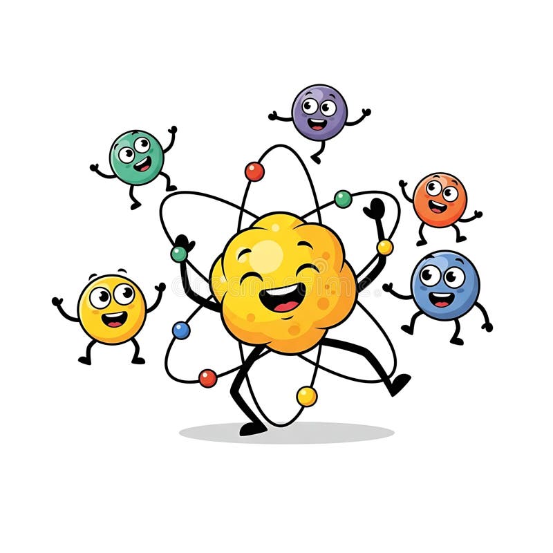 Cartoon Atom with Nucleus and Orbiting Electrons Characters Having Fun ...
