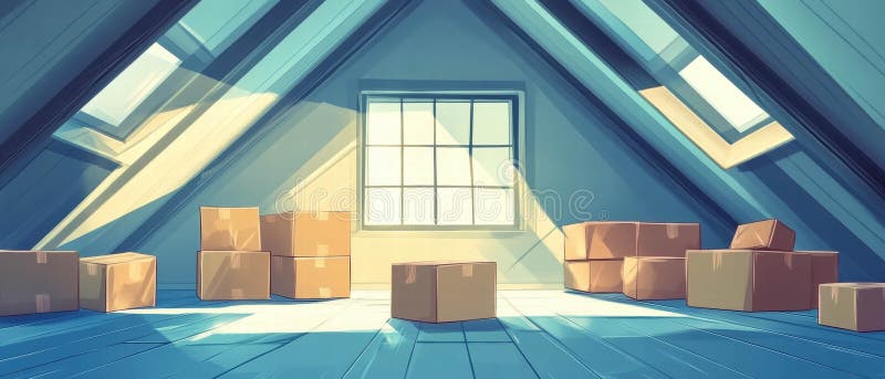 Cartoon Attic Interior with Bright Colors and Shadowed Boxes in a ...