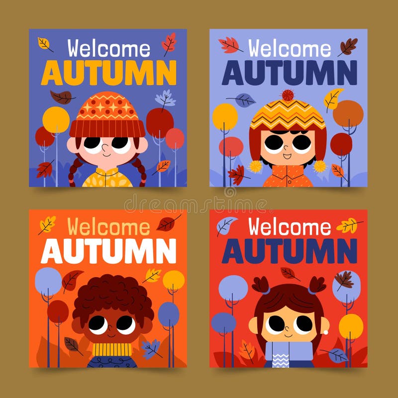 Cartoon Autumn Cards Collection Vector Illustration Stock Vector ...