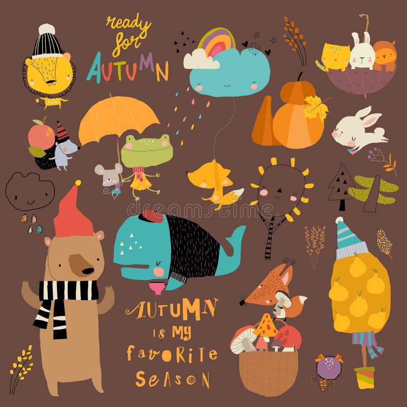 Cartoon Autumn Set with Funny Animals and Trees Stock Vector ...