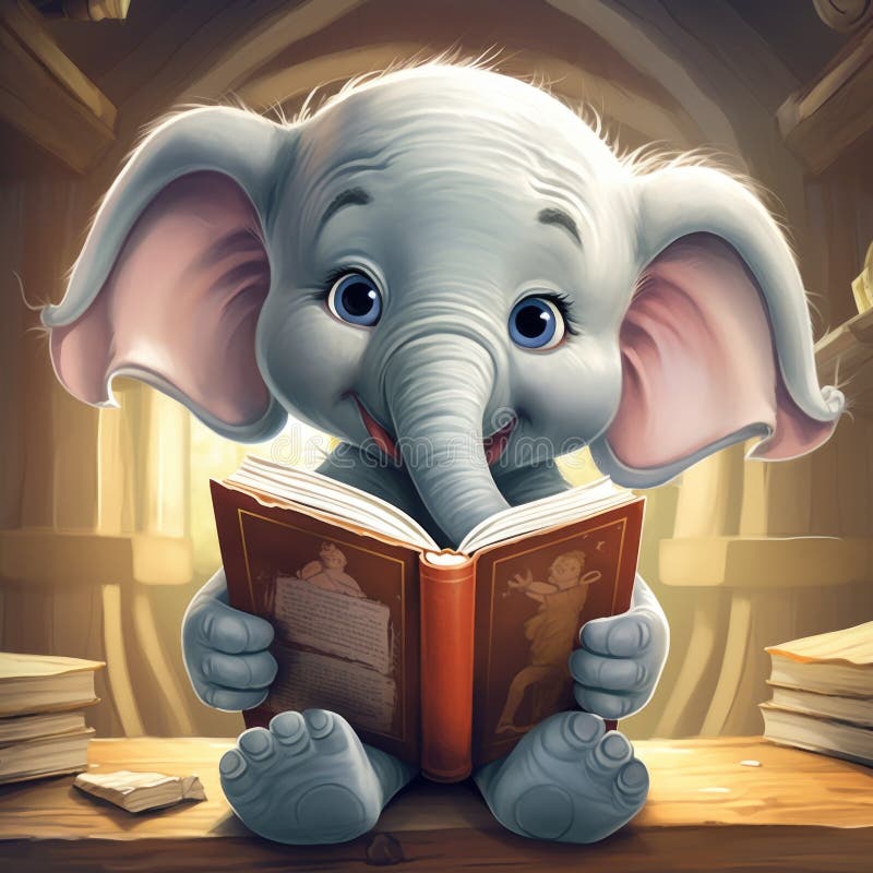 Cartoon of a Baby Elephant Reading a Book Stock Illustration ...