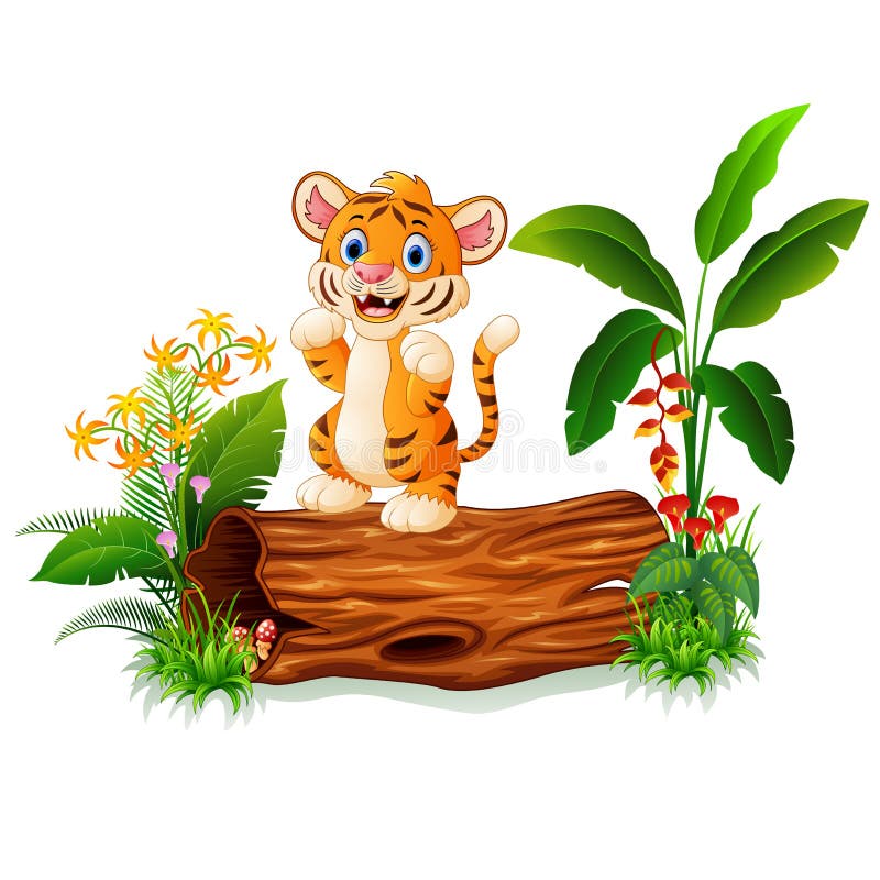Cartoon Baby Tiger on Tree Trunk Stock Vector - Illustration of trunk ...