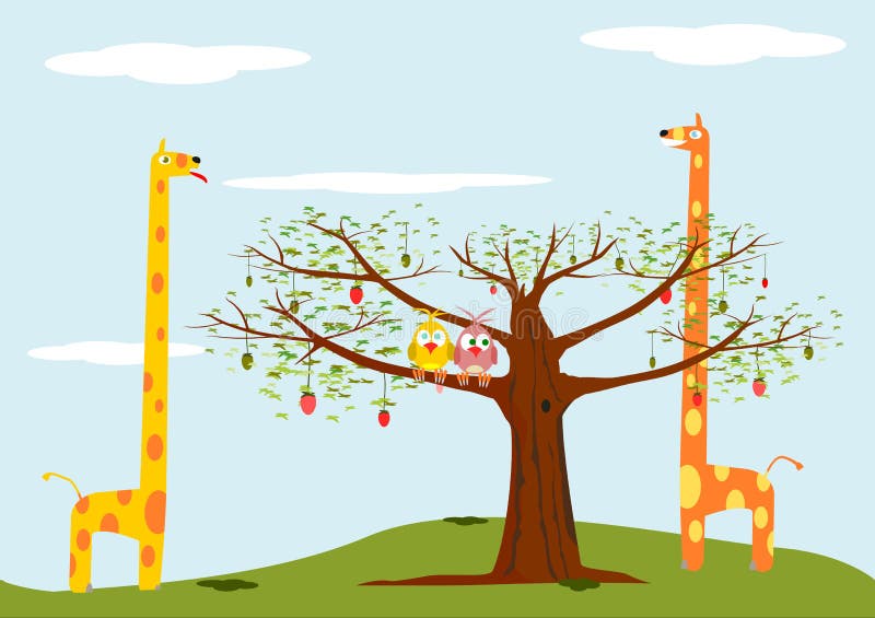 Cartoon Background with Animals and Tree. Stock Vector - Illustration ...