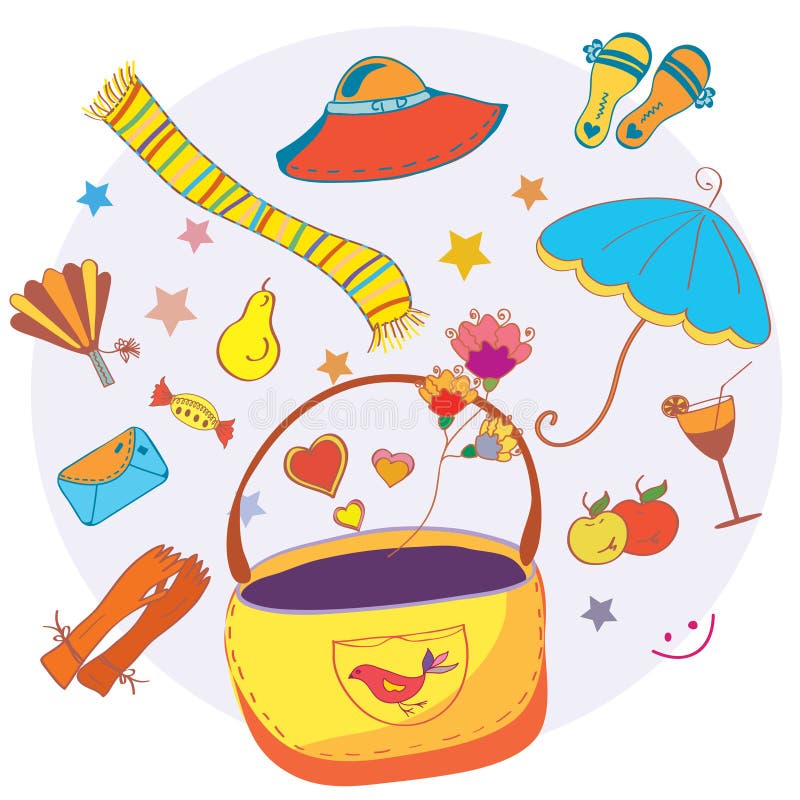 Cartoon Bag with Funny Objects Stock Vector - Illustration of ...