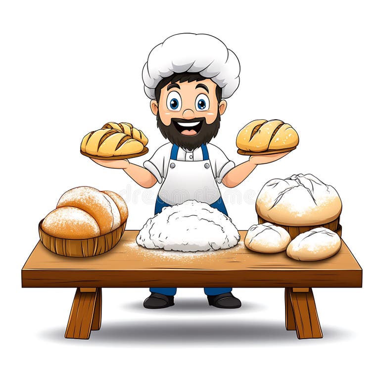 Cartoon Baker Preparing Fresh Bread in a Rustic Setting Stock ...