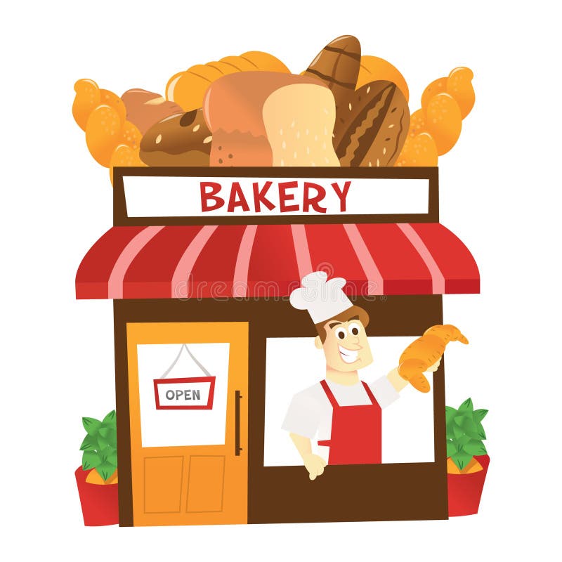 Cartoon Bakery Shop with Storekeeper at the Window Stock Vector ...