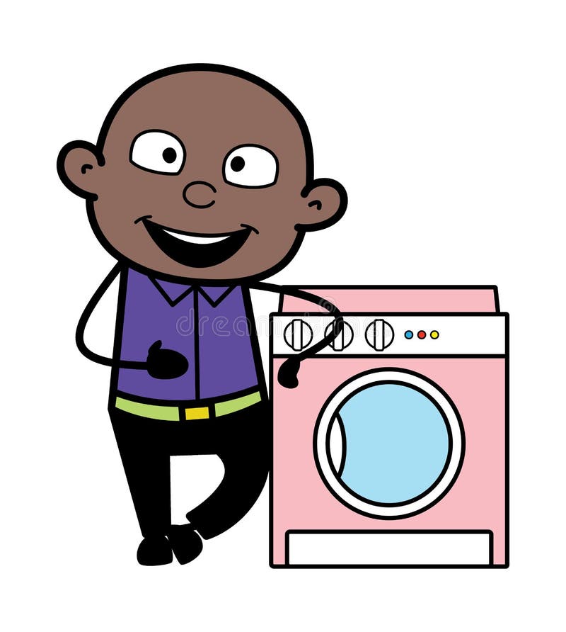 Cartoon Cartoon Bald Black Standing with Washing Machine Stock ...