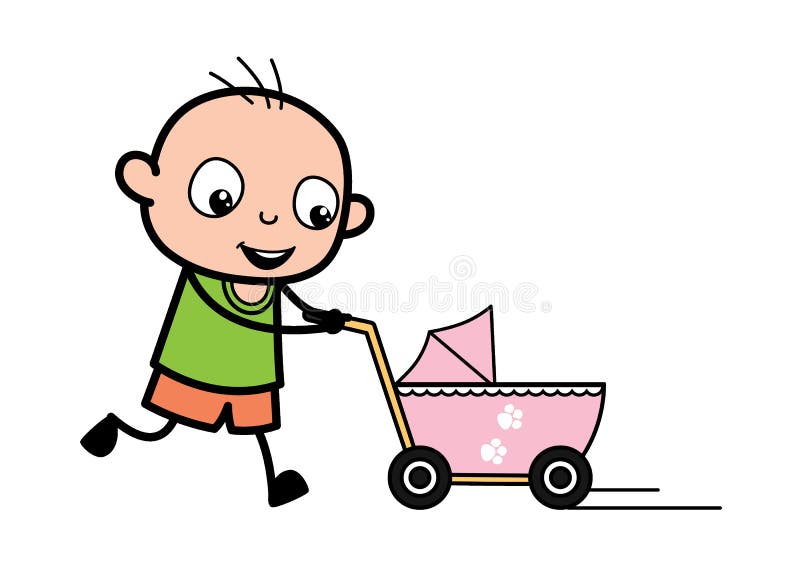 Cartoon Bald Boy with Baby Cart Stock Illustration - Illustration of ...