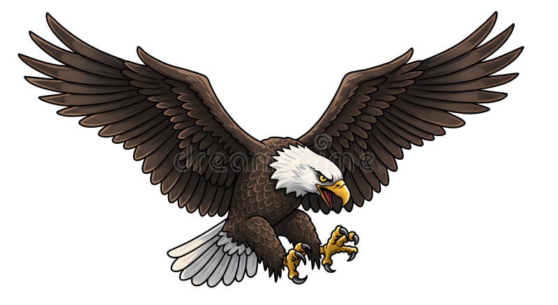 Cartoon Bald Eagle Soaring with Wings Spread, Sharp Claws, Fierce ...