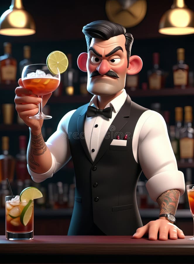 Cartoon Bartender Character Holding Cocktail in Sleek Bar Setting with Classic Style Stock Image ...