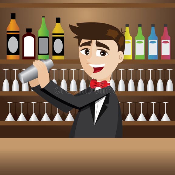Cartoon Bartender with Shaker at Bar Stock Vector - Illustration of ...