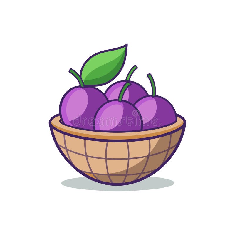 Cartoon Basket with Fresh Plums and Green Leaf Stock Illustration ...
