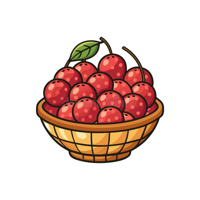 Cartoon Basket Full of Fresh Ripe Red Cherries Stock Photo ...