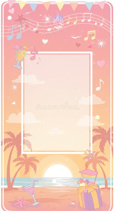 Cartoon Beach Frame with Palm Trees, Sunset, Cocktail, Gift Box and ...