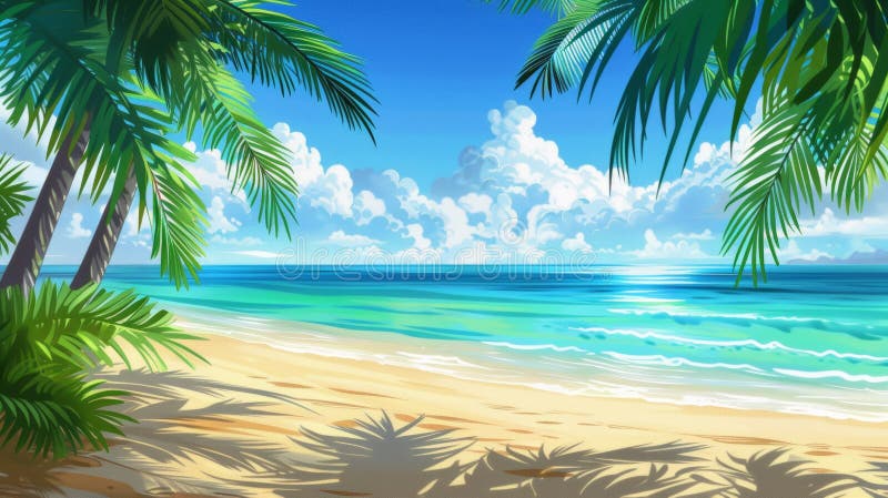 A Cartoon Beach Scene with Palm Trees and the Ocean, AI Stock Image ...