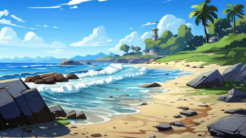 A Cartoon Beach Scene with Rocks and Trees, AI Stock Illustration ...